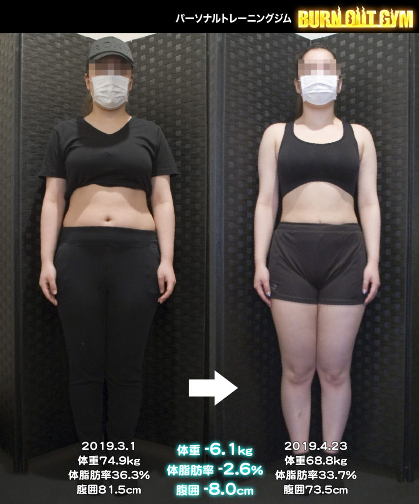 20代女性身長160cm台の方のビフォーアフターです。 | パーソナルトレーニング・ダイエットジム BURN OUT GYM（バーンアウトジム）